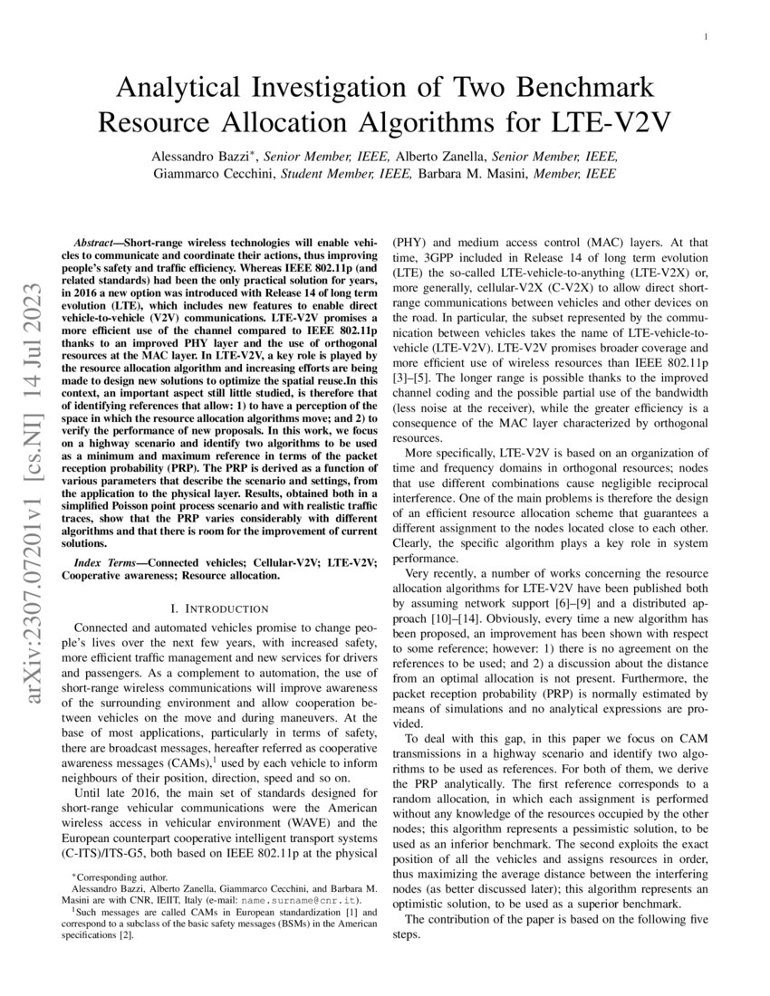 Analytical Investigation Of Two Benchmark Resource Allocation Algorithms For Lte V2v Deepai