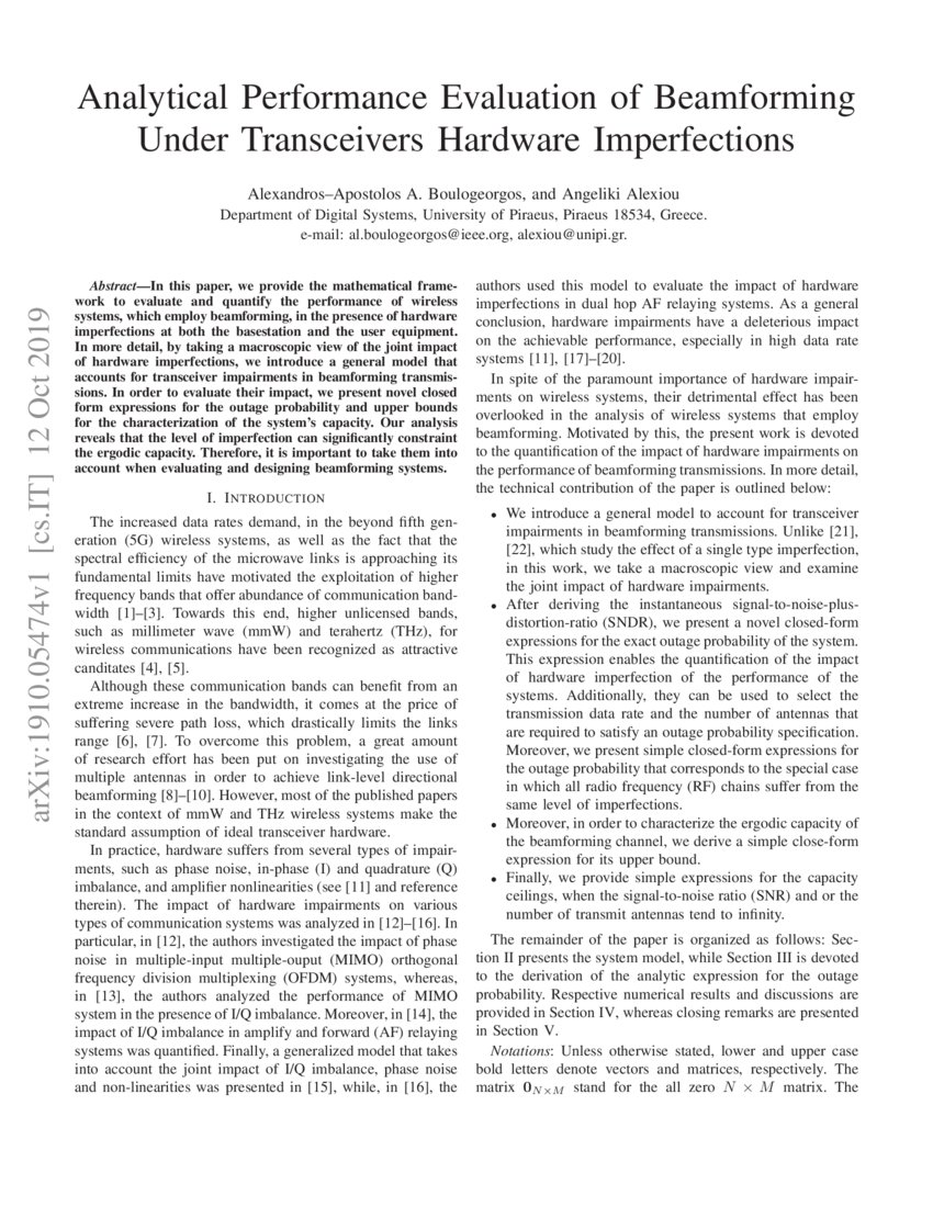 Analytical Performance Evaluation Of Beamforming Under Transceivers Hardware Imperfections Deepai