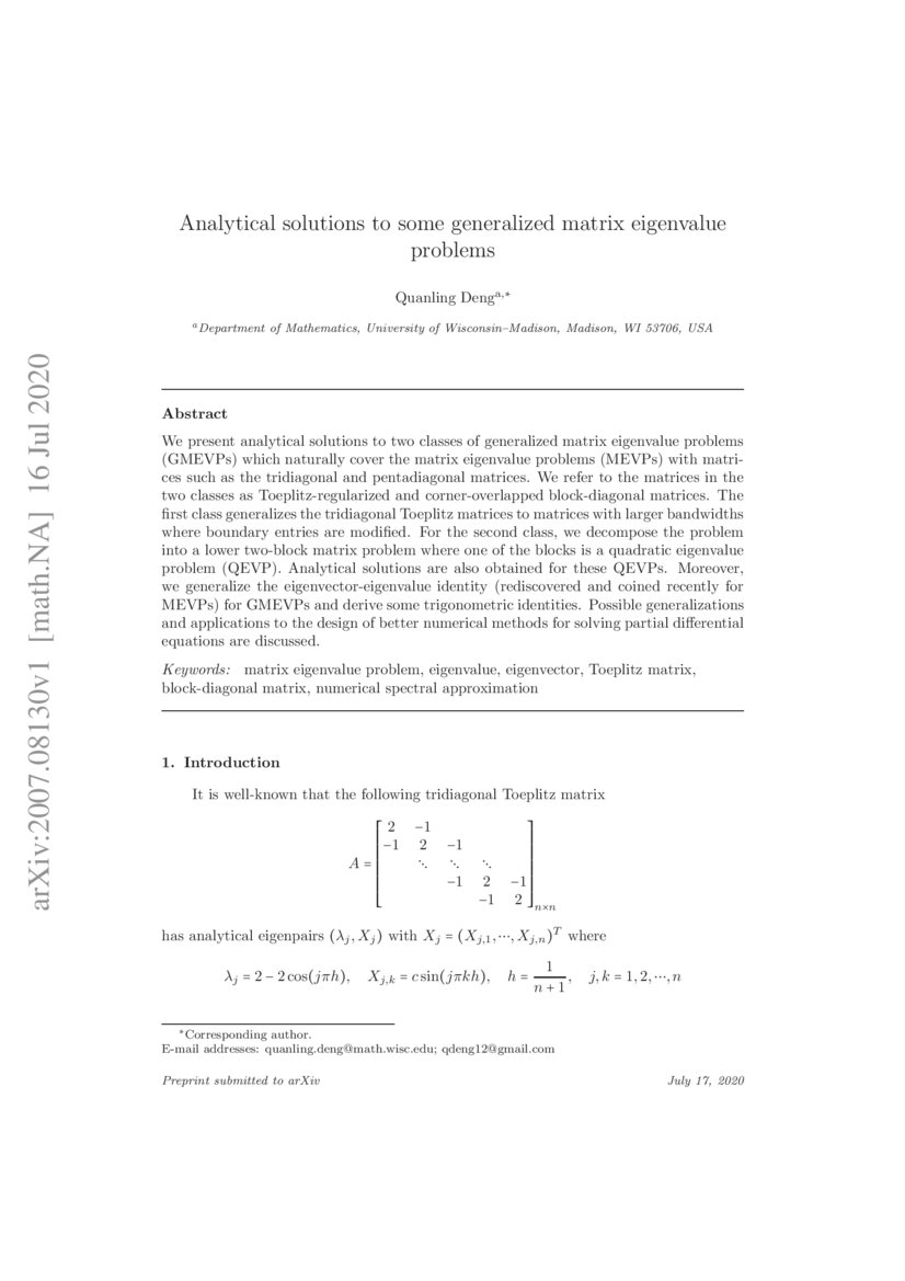 Analytical Solutions To Some Generalized Matrix Eigenvalue Problems Deepai