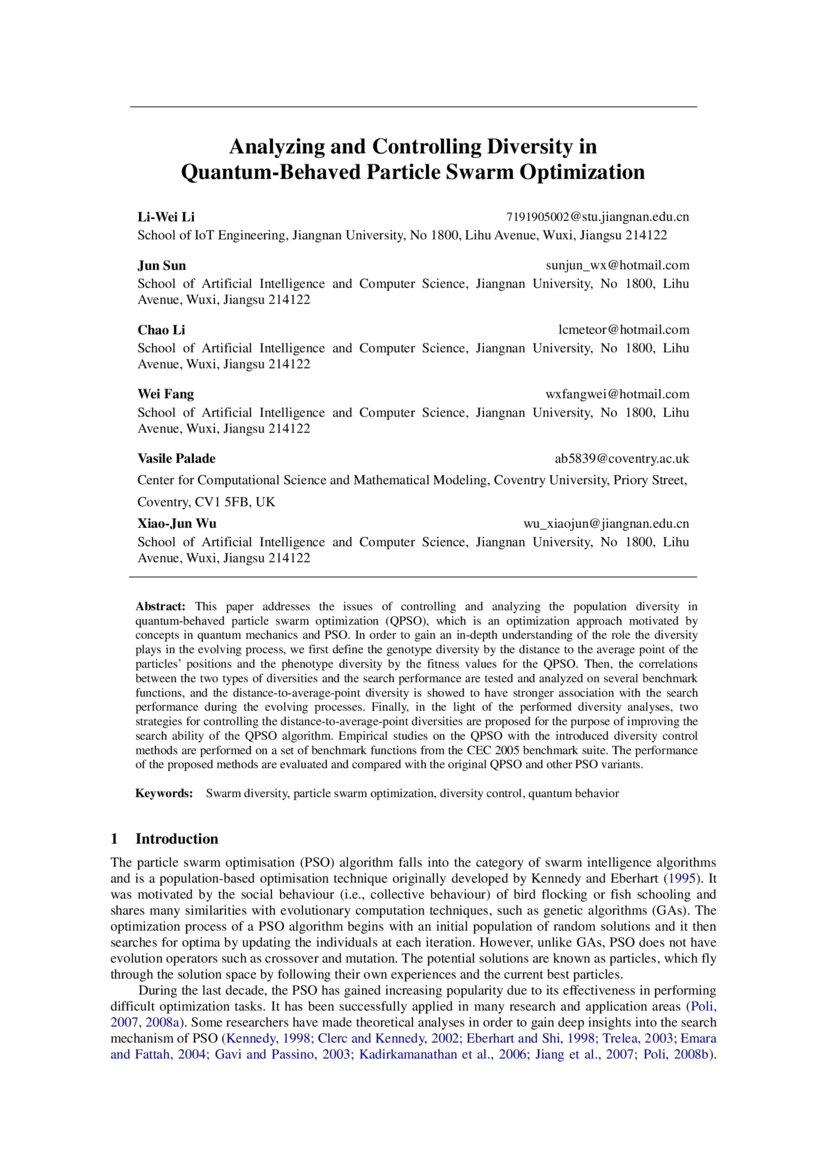 Analyzing And Controlling Diversity In Quantum Behaved Particle Swarm Optimization Deepai
