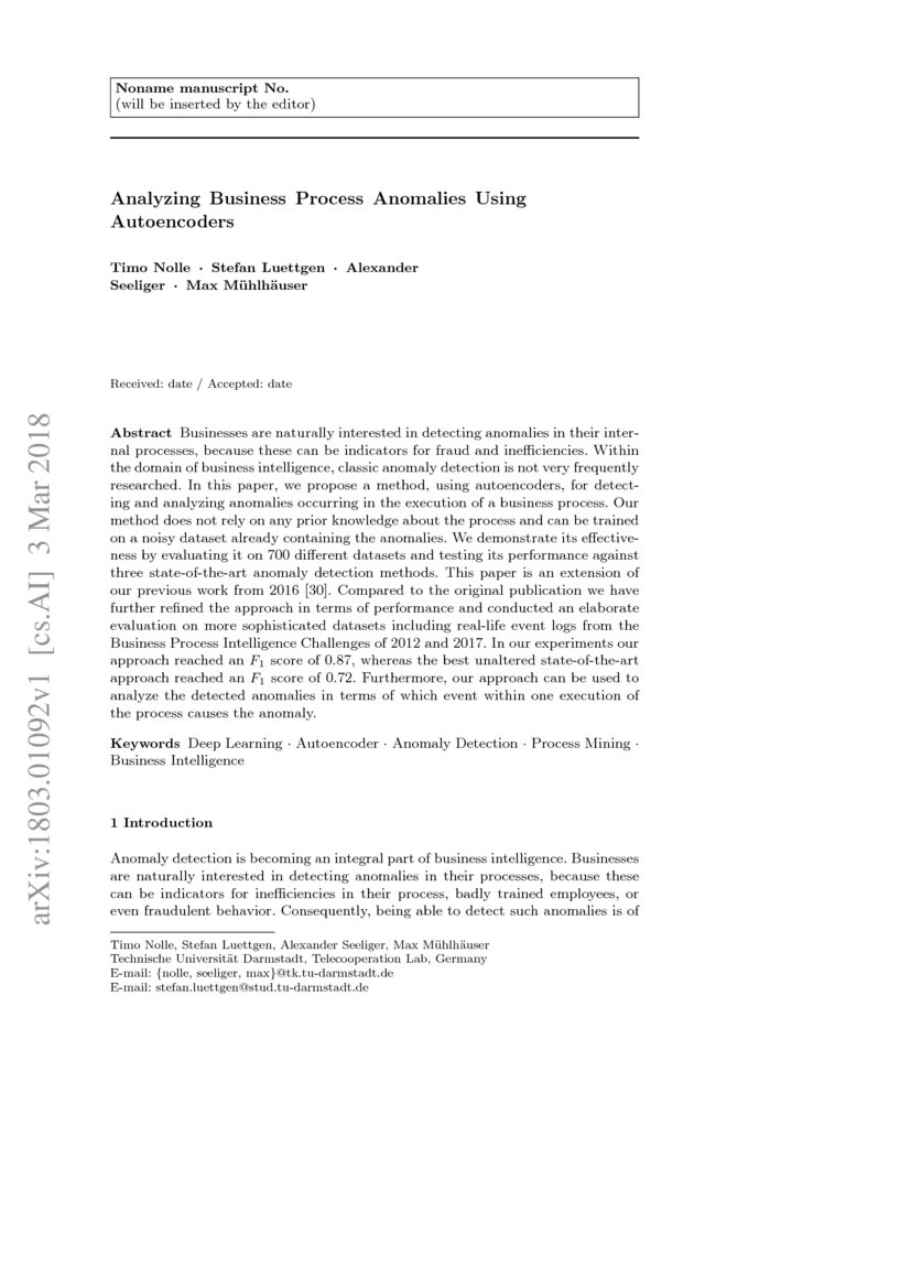 Analyzing Business Process Anomalies Using Autoencoders | DeepAI