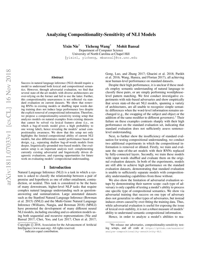 Analyzing Compositionality-Sensitivity of NLI Models | DeepAI