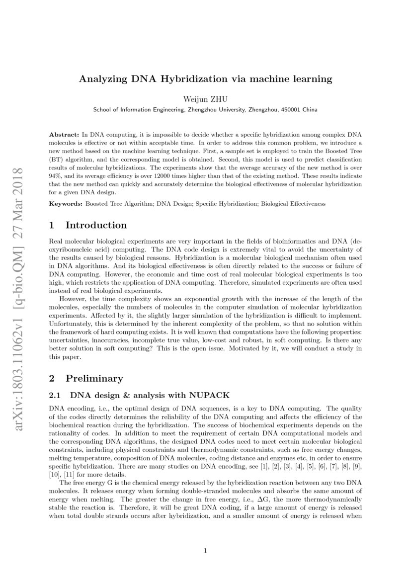 Analyzing DNA Hybridization via machine learning | DeepAI