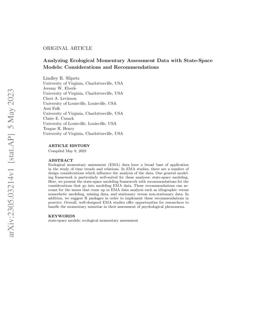 Analyzing Ecological Momentary Assessment Data With State Space Models
