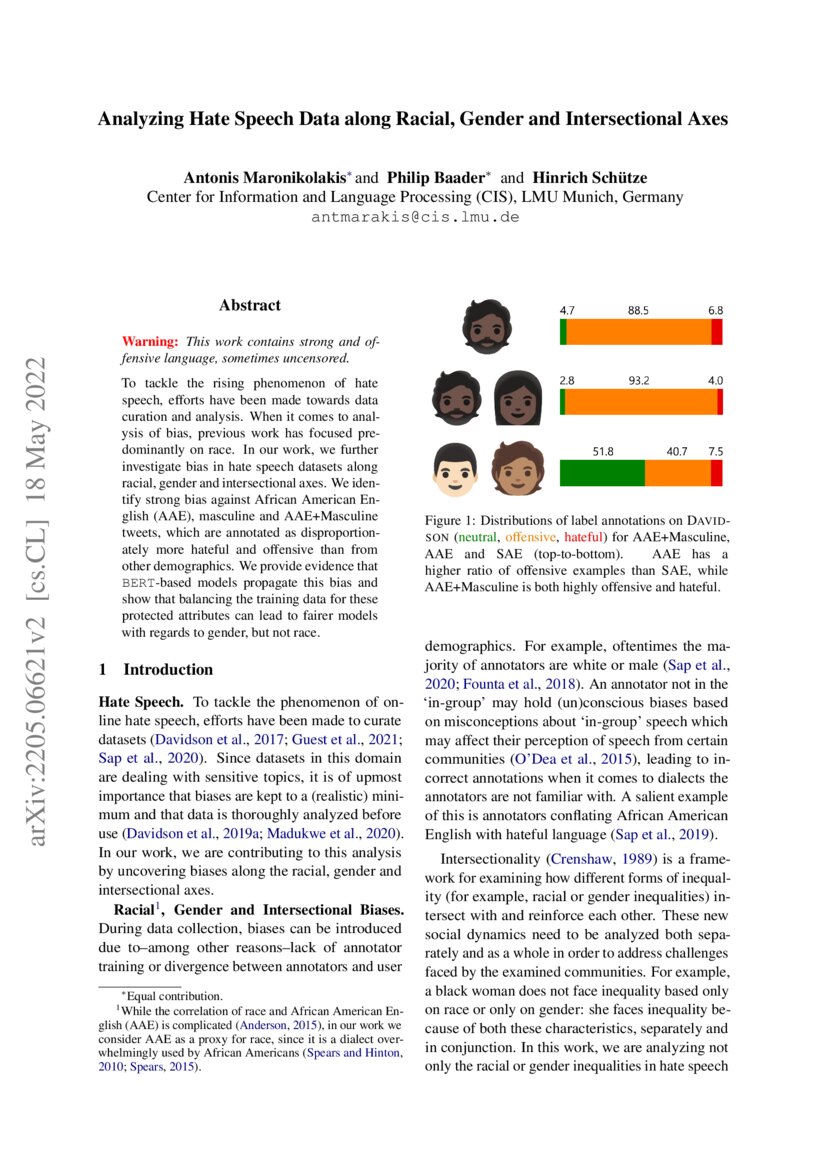 Analyzing Hate Speech Data along Racial, Gender and Intersectional Axes | DeepAI