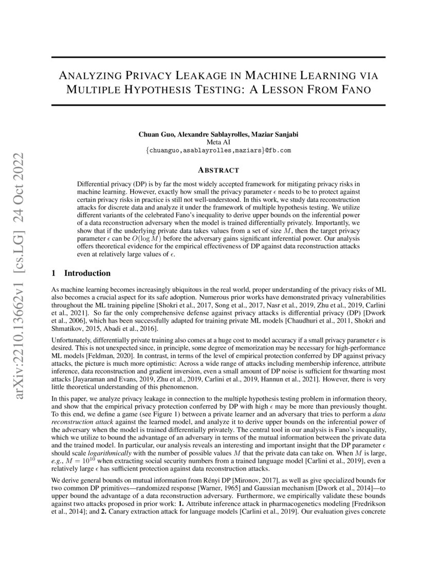 Analyzing Privacy Leakage In Machine Learning Via Multiple Hypothesis Testing A Lesson From