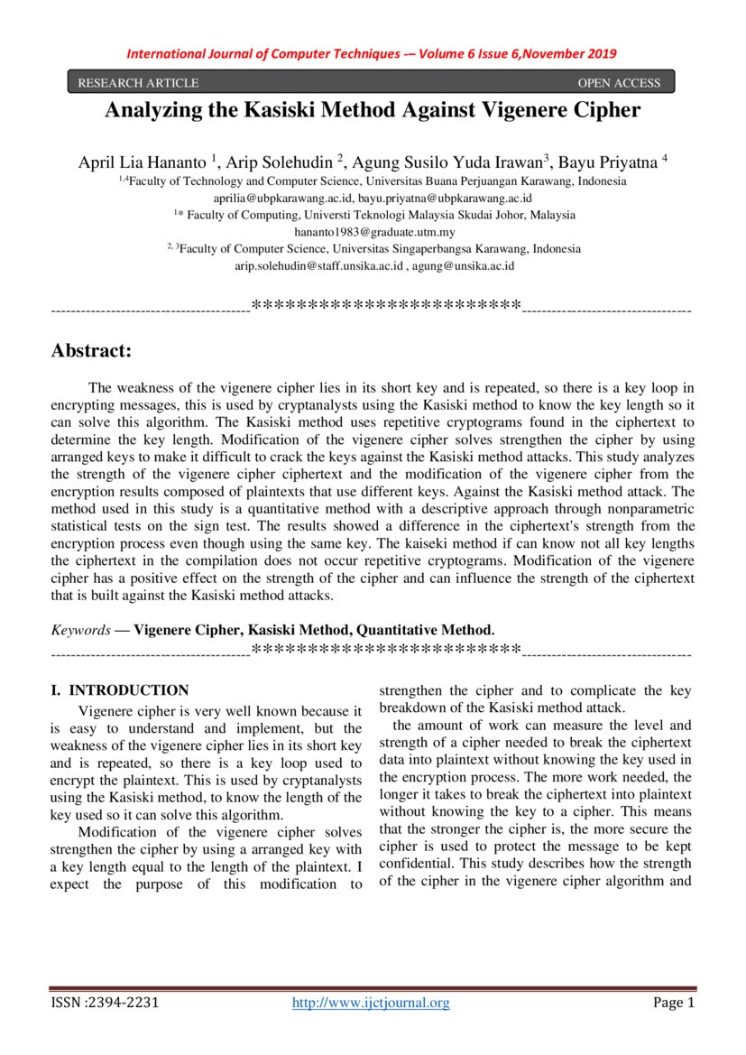 Analyzing the Kasiski Method Against Vigenere Cipher | DeepAI
