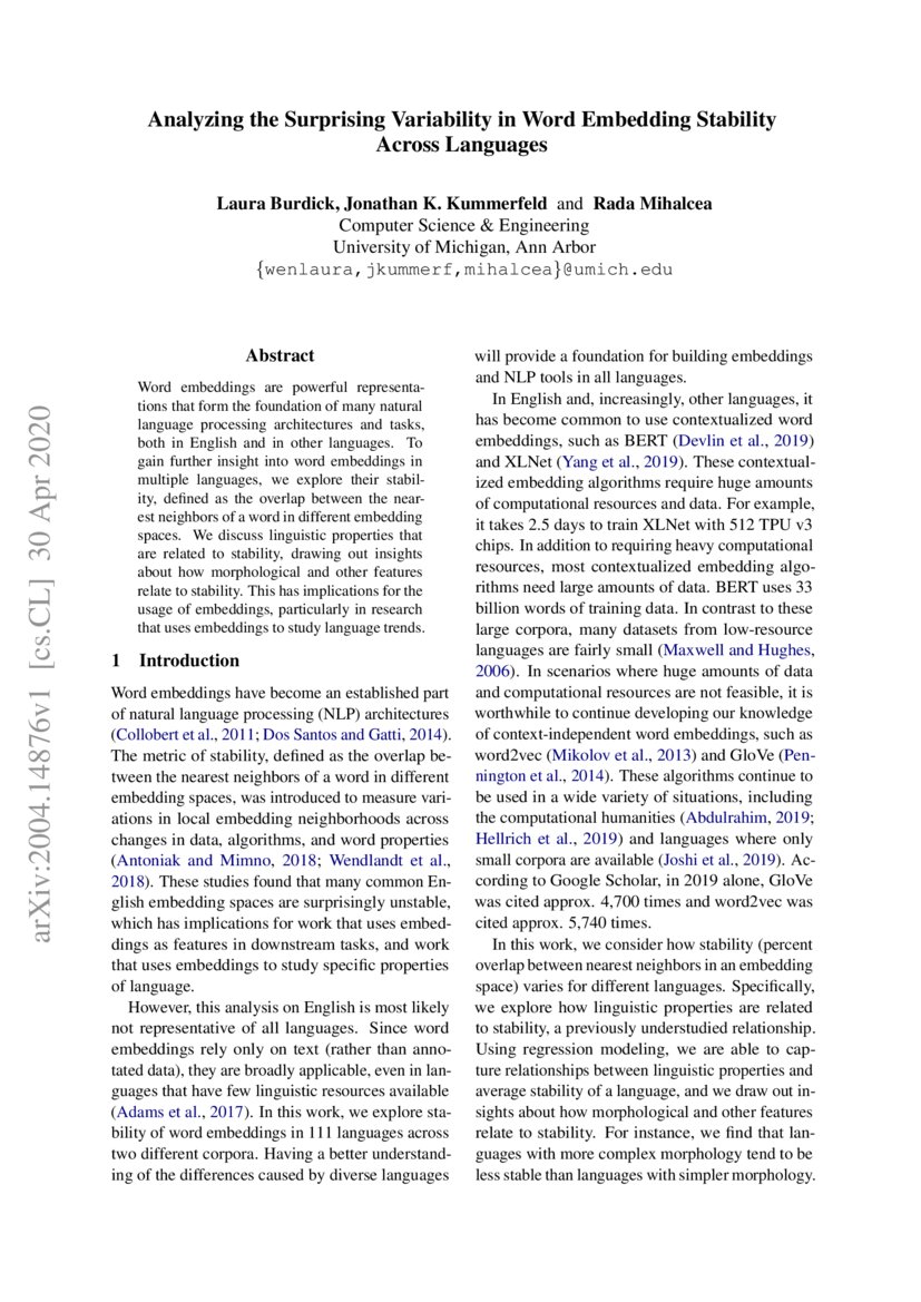 Analyzing the Surprising Variability in Word Embedding Stability Across Languages | DeepAI