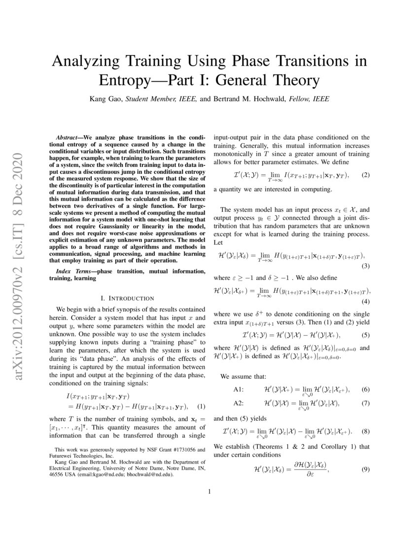 Analyzing Training Using Phase Transitions in Entropy—Part I: General ...