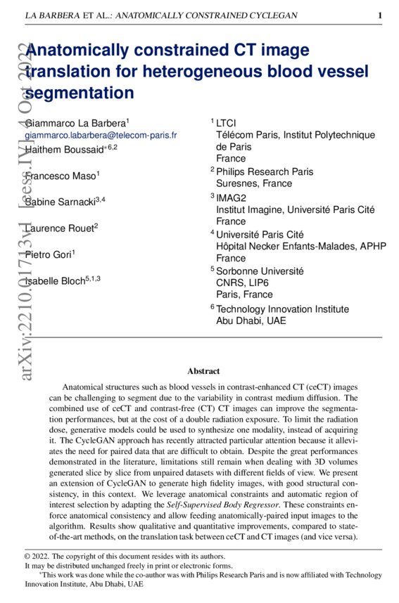Anatomically constrained CT image translation for heterogeneous blood ...