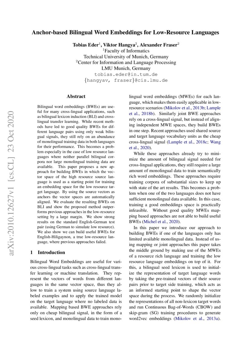 Anchor Based Bilingual Word Embeddings For Low Resource Languages Deepai