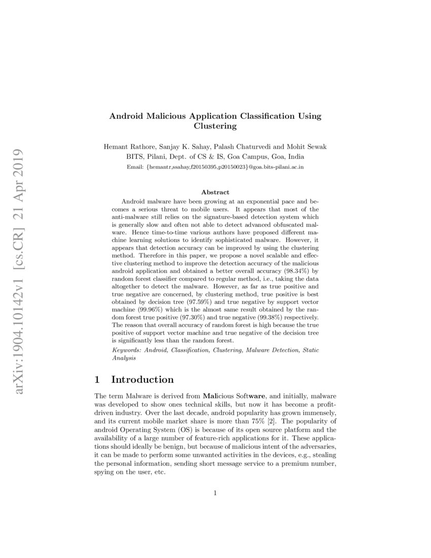 Android Malicious Application Classification Using Clustering Deepai 