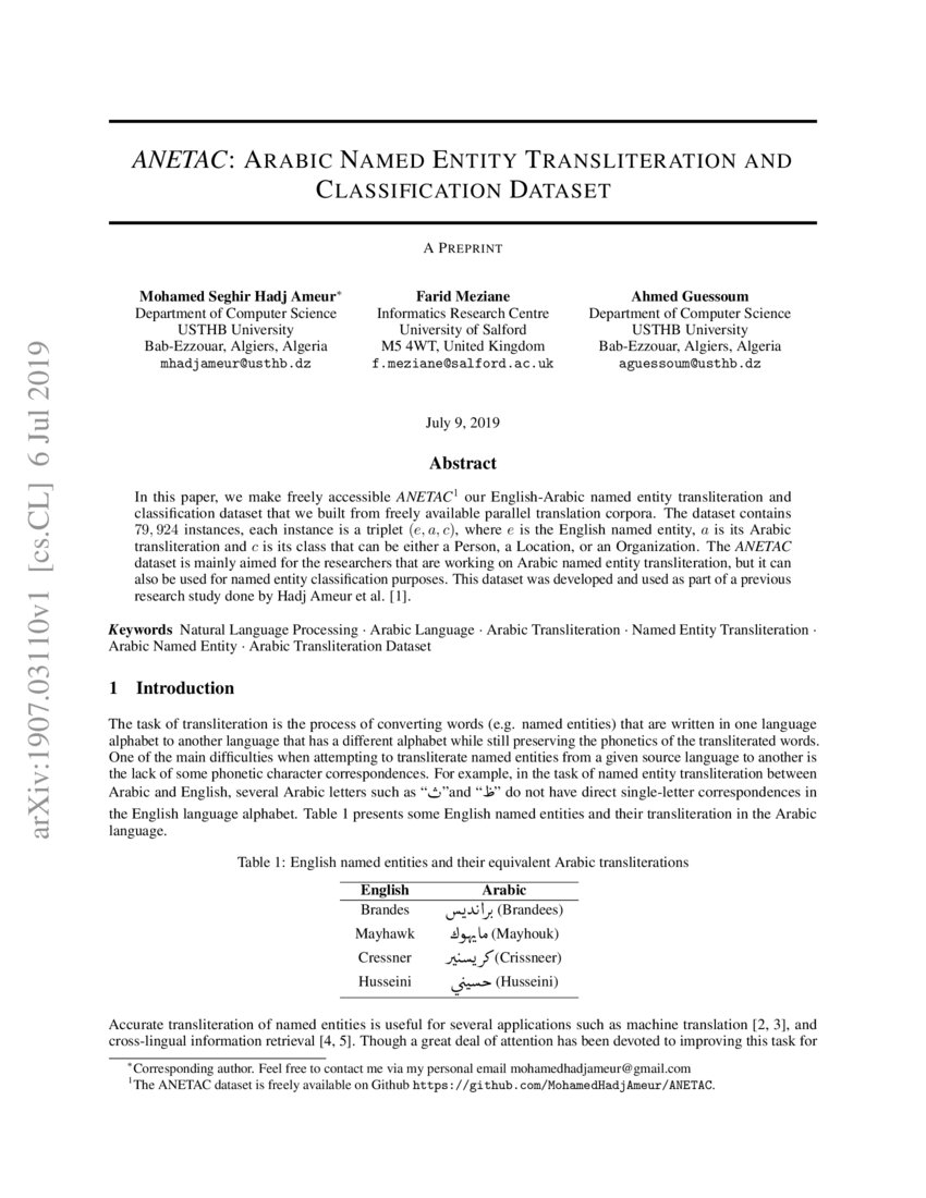 Anetac Arabic Named Entity Transliteration And Classification Dataset Deepai