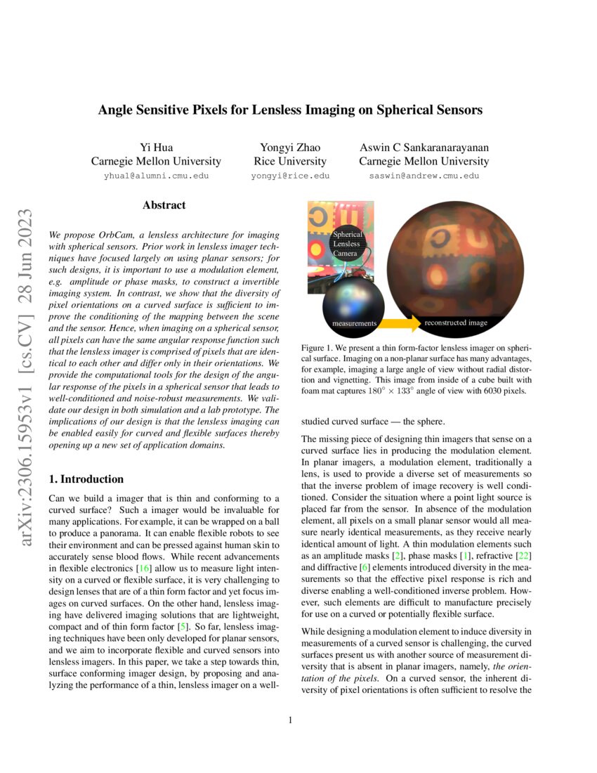 Angle Sensitive Pixels for Lensless Imaging on Spherical Sensors | DeepAI