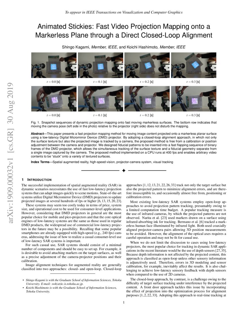 Animated Stickies: Fast Video Projection Mapping onto a Markerless ...