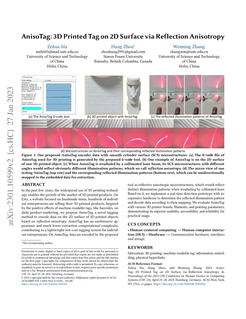 AnisoTag: 3D Printed Tag on 2D Surface via Reflection Anisotropy | DeepAI