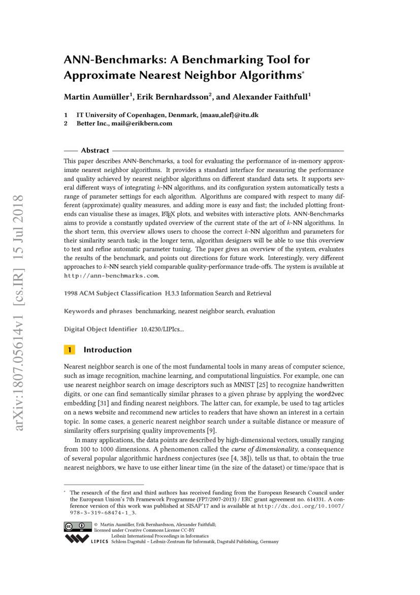 Ann Benchmarks A Benchmarking Tool For Approximate Nearest Neighbor Algorithms Deepai