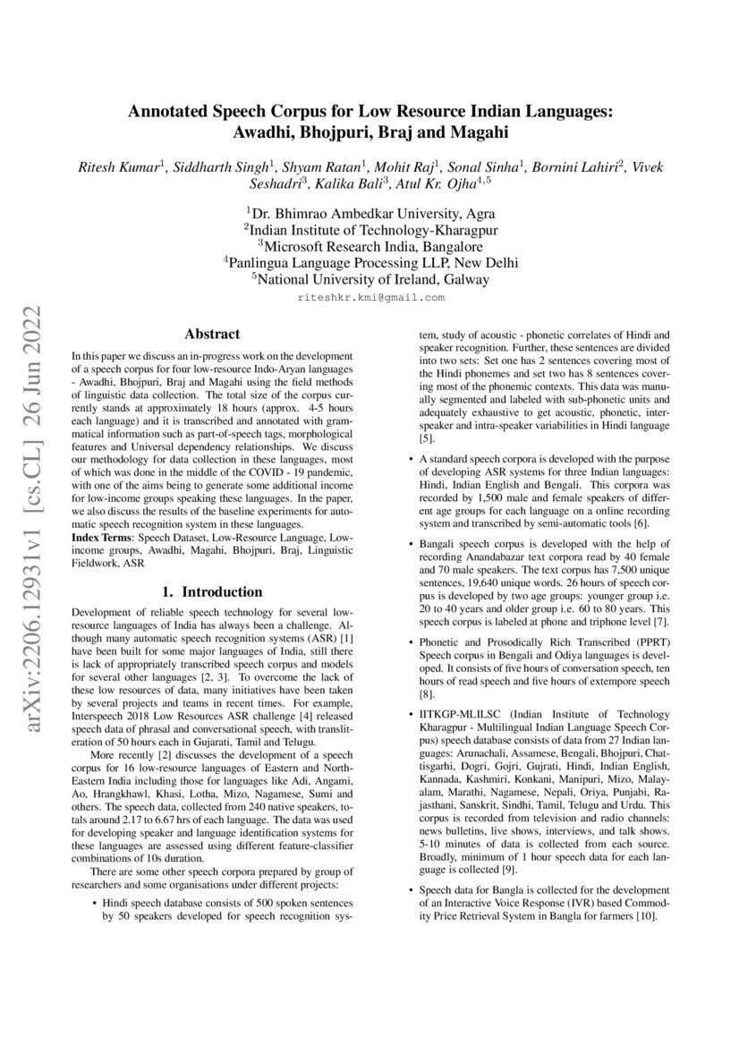 Annotated Speech Corpus for Low Resource Indian Languages: Awadhi, Bhojpuri, Braj and Magahi ...