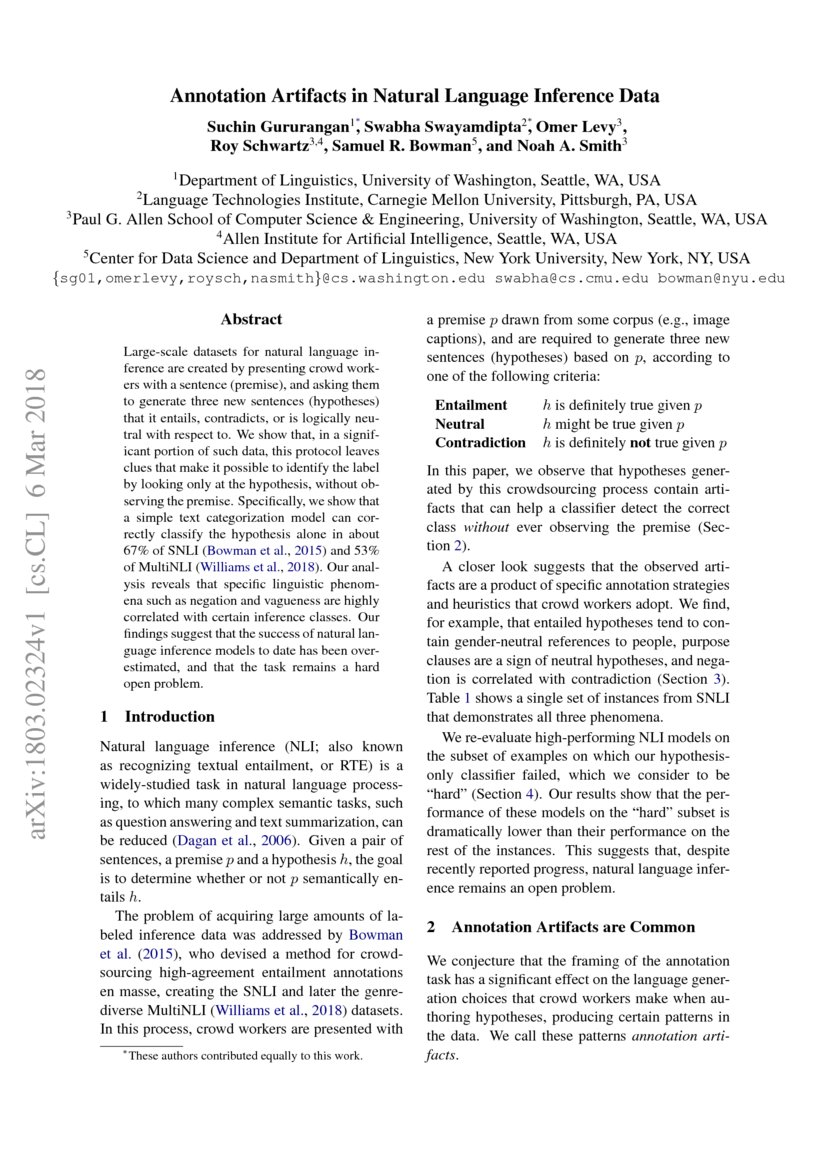 Annotation Artifacts In Natural Language Inference Data Deepai