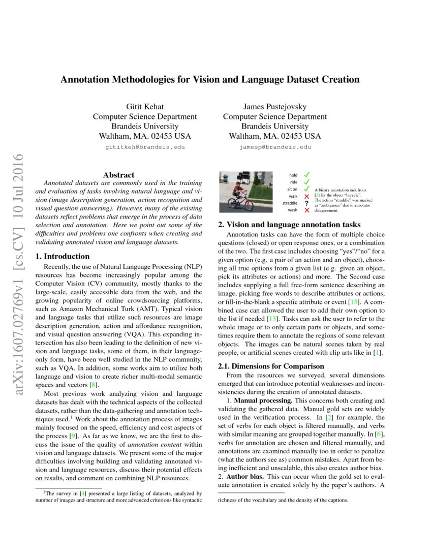 Annotation Methodologies For Vision And Language Dataset Creation Deepai
