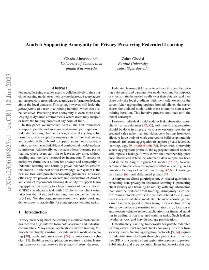 AnoFel: Supporting Anonymity for Privacy-Preserving Federated Learning | DeepAI