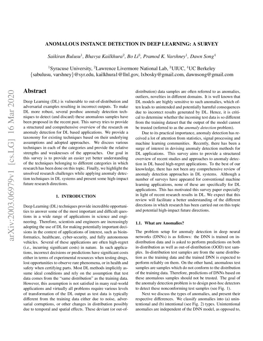 Anomalous Instance Detection In Deep Learning A Survey Deepai