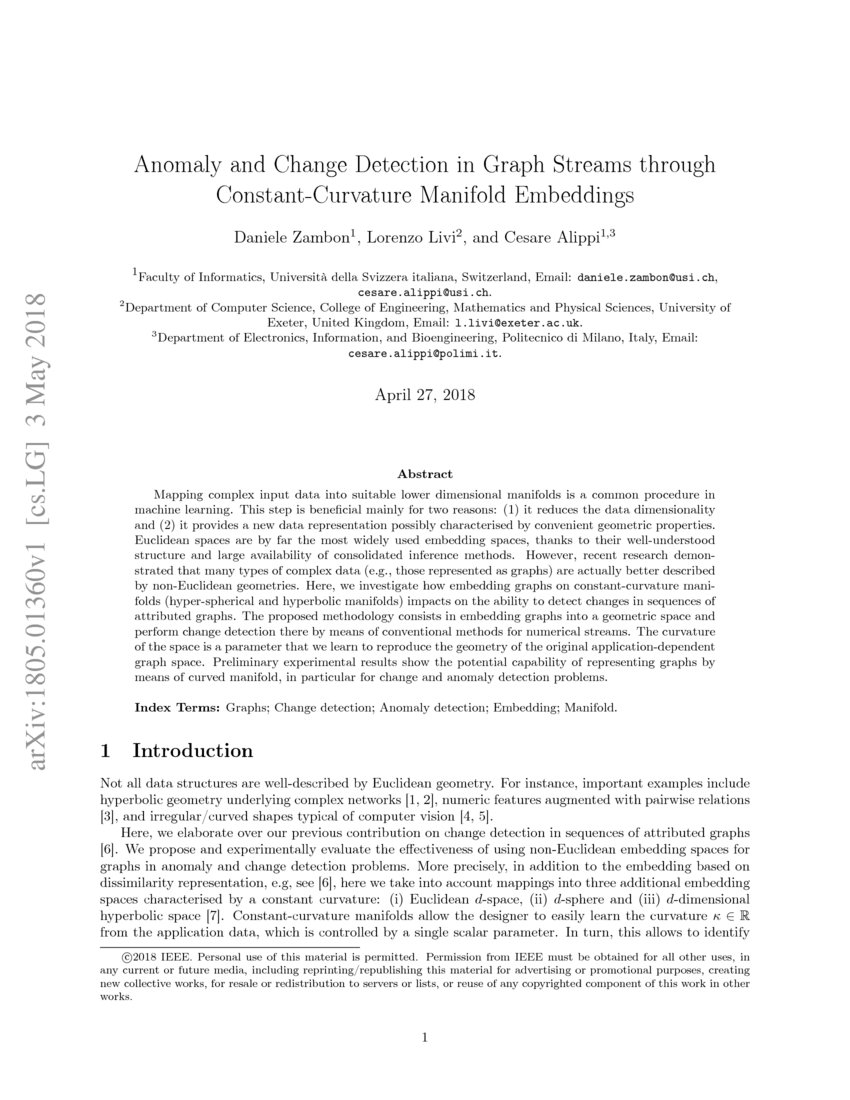 Anomaly and Change Detection in Graph Streams through Constant-Curvature Manifold Embeddings ...