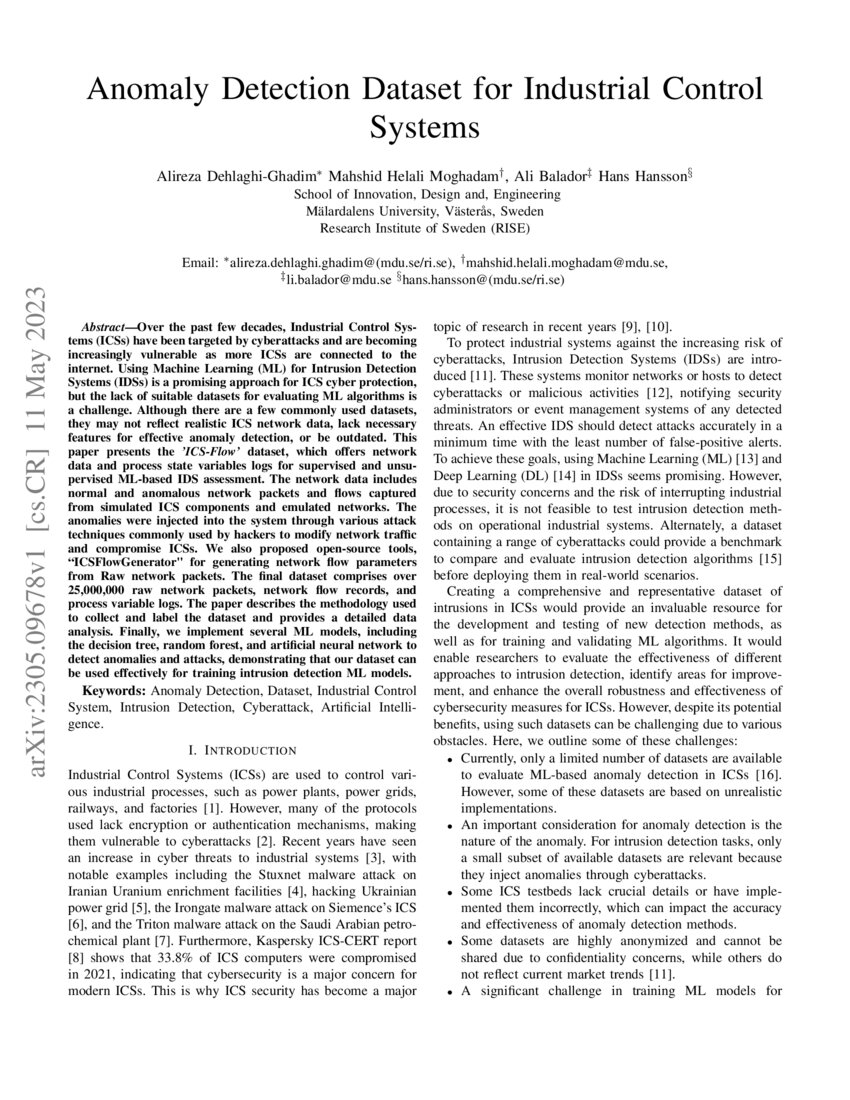 Anomaly Detection Dataset For Industrial Control Systems Deepai