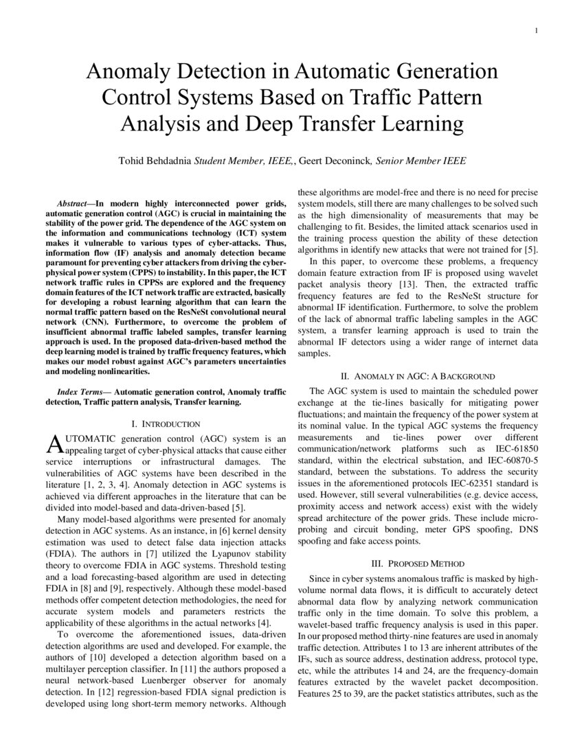Anomaly Detection In Automatic Generation Control Systems Based On Traffic Pattern Analysis And