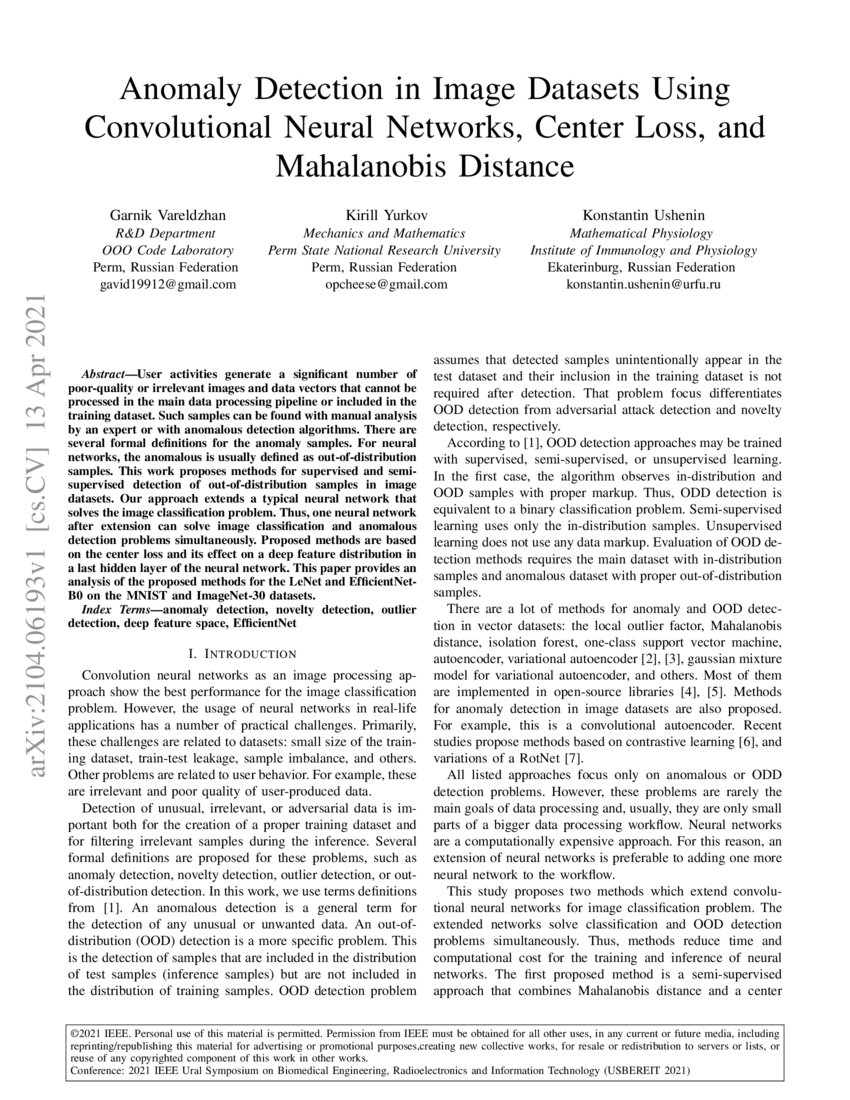 Anomaly Detection in Image Datasets Using Convolutional Neural Networks, Center Loss, and ...