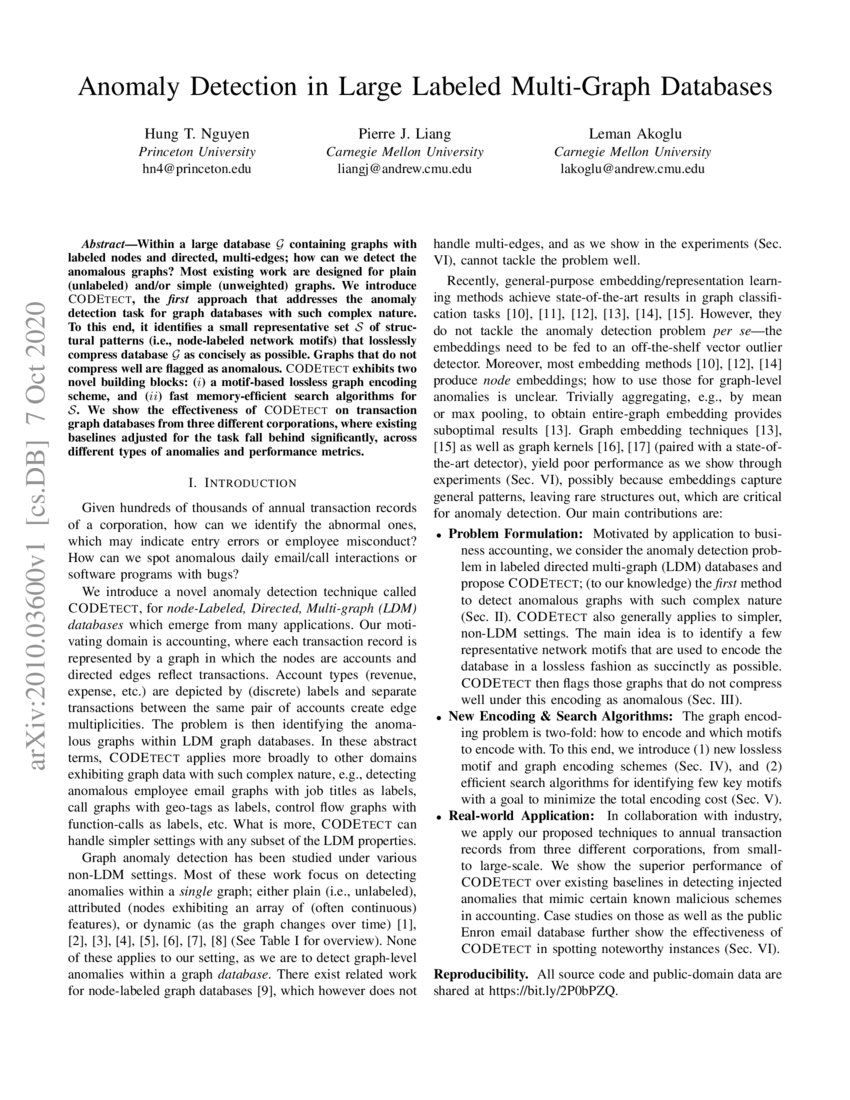 Anomaly Detection in Large Labeled Multi-Graph Databases | DeepAI