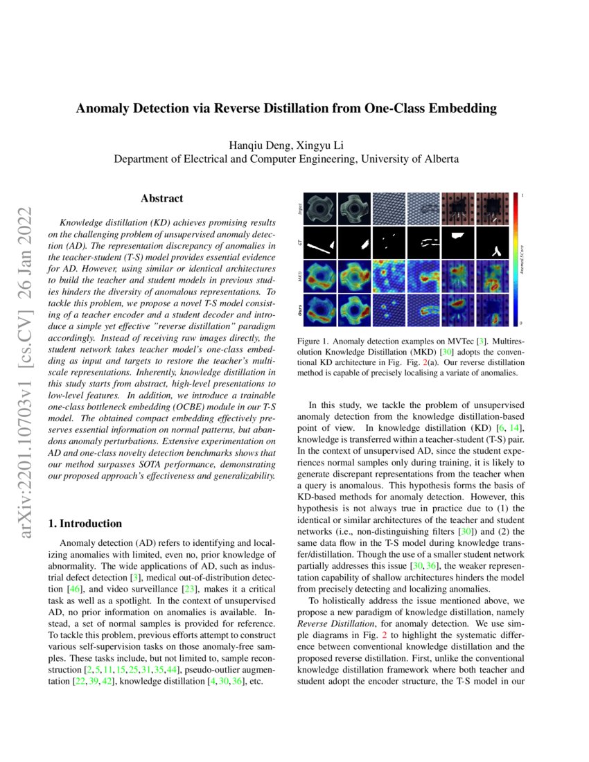Anomaly Detection Via Reverse Distillation From One Class Embedding Deepai