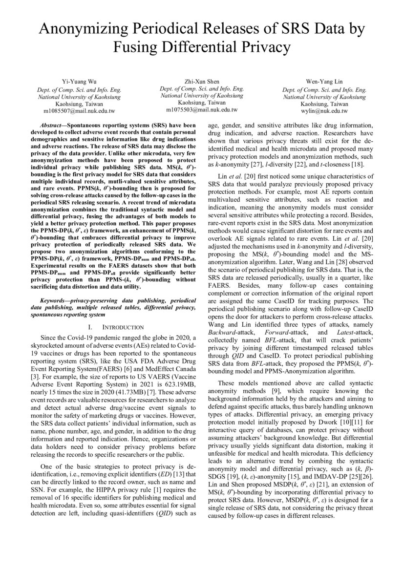 Anonymizing Periodical Releases of SRS Data by Fusing Differential Privacy | DeepAI