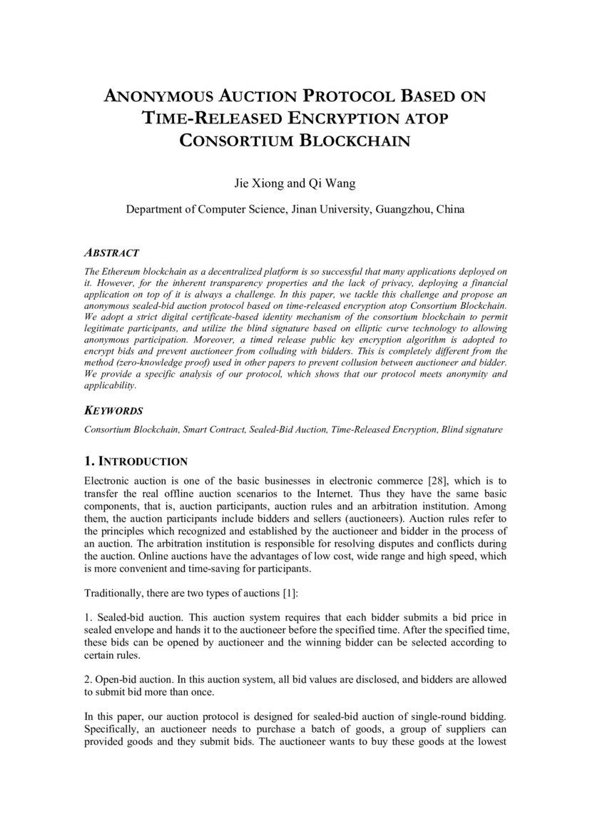 Anonymous Auction Protocol Based On Time Released Encryption Atop Consortium Blockchain Deepai