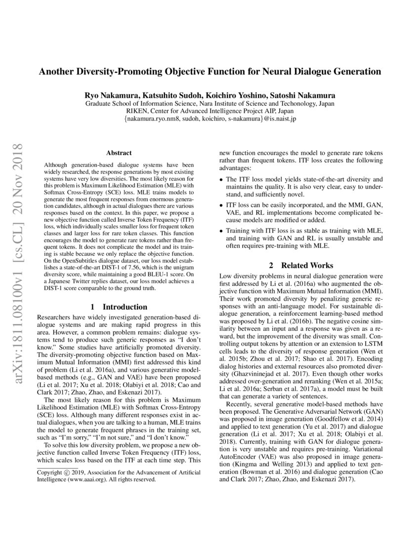 Another Diversity Promoting Objective Function For Neural Dialogue Generation Deepai