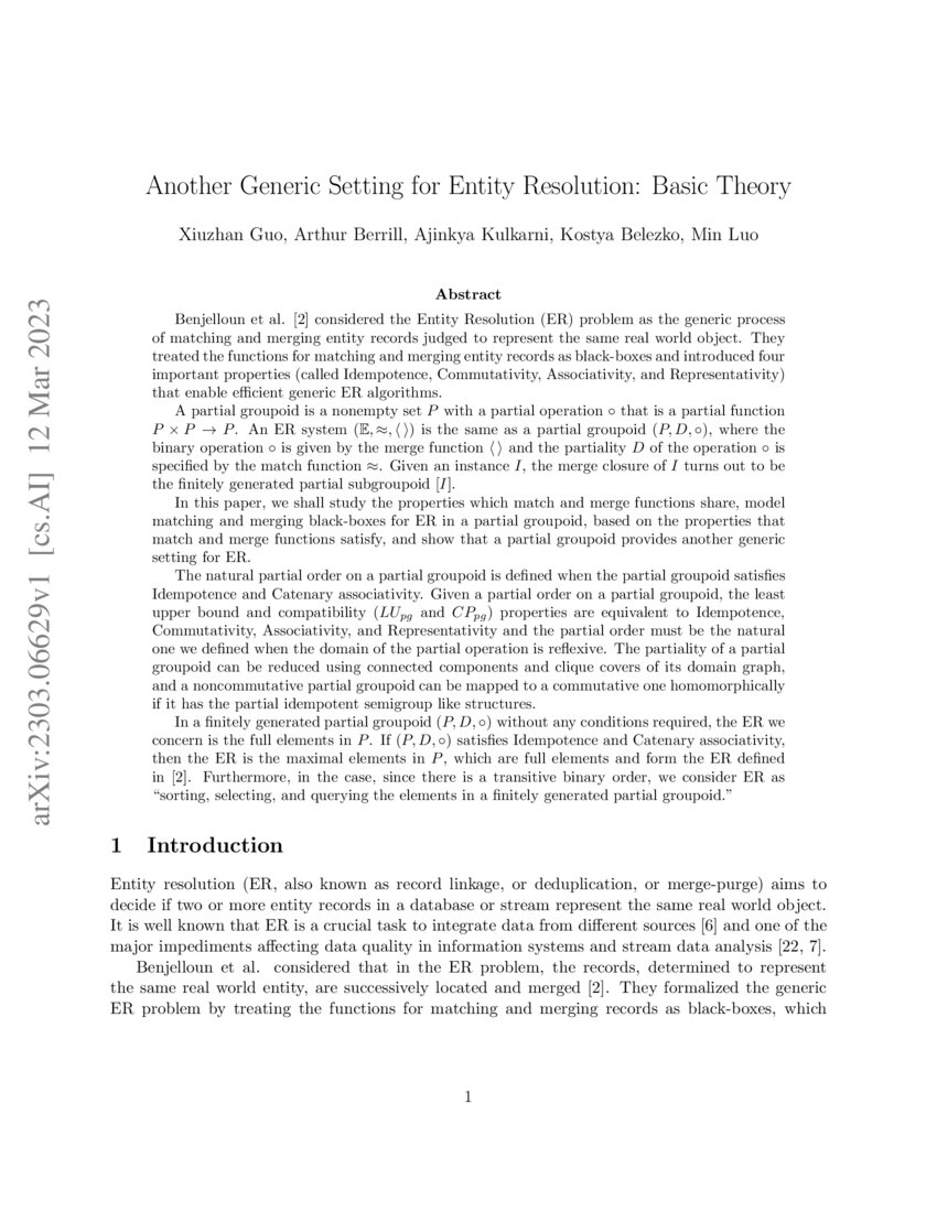 Another Generic Setting for Entity Resolution: Basic Theory | DeepAI