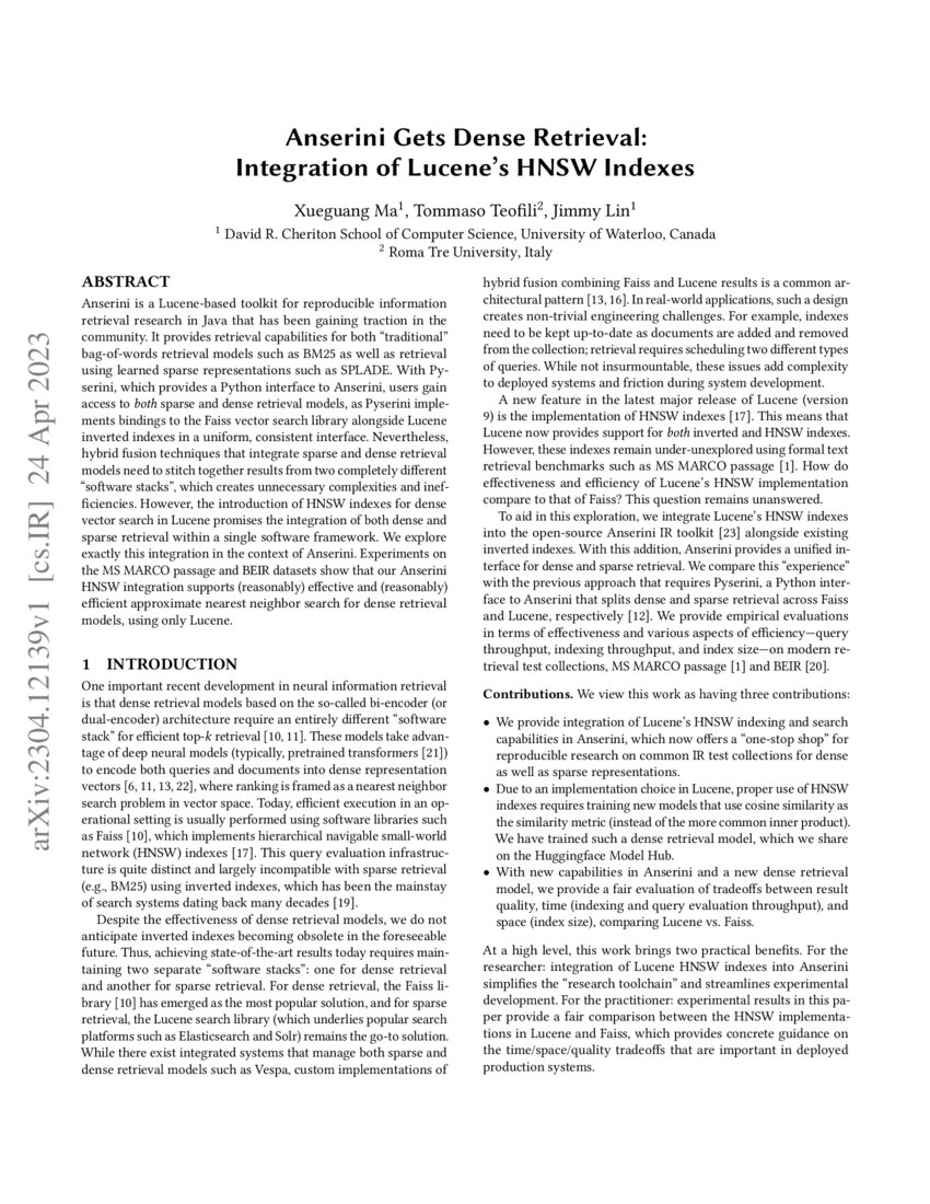 Anserini Gets Dense Retrieval: Integration of Lucene's HNSW Indexes | DeepAI