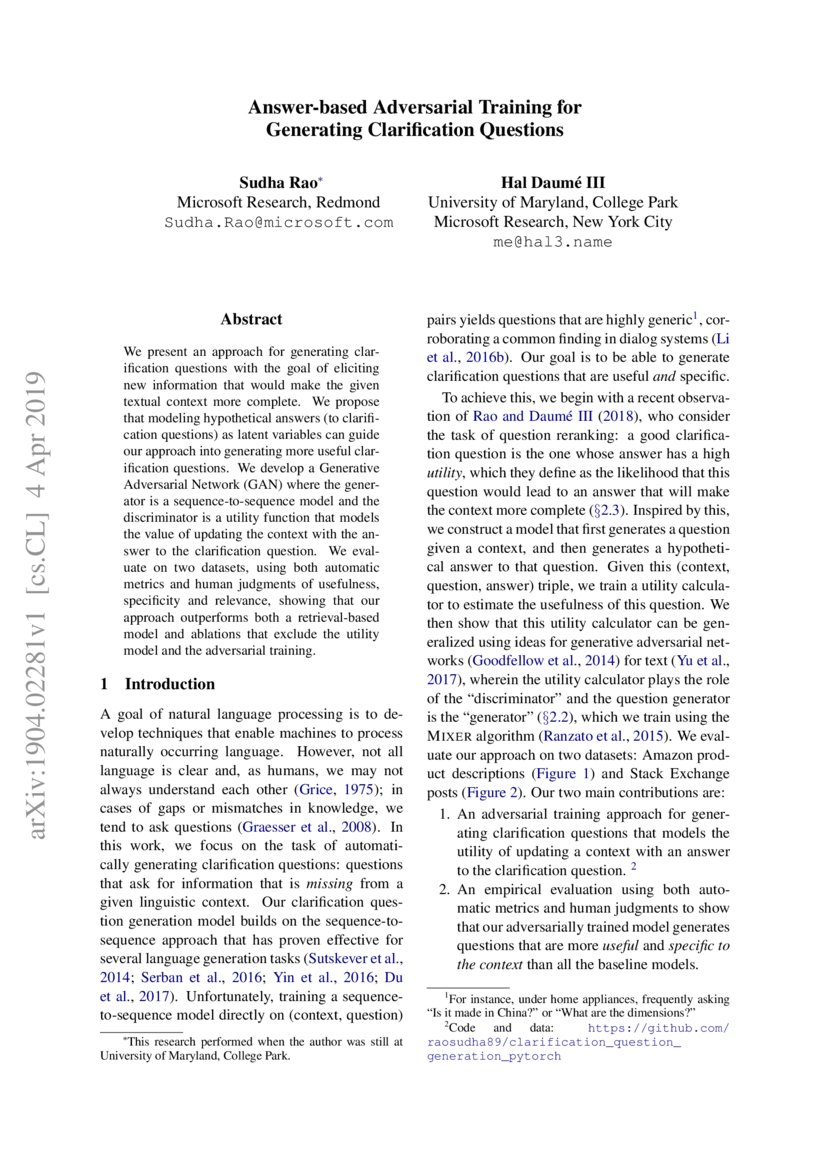 Answer Based Adversarial Training For Generating Clarification Questions Deepai