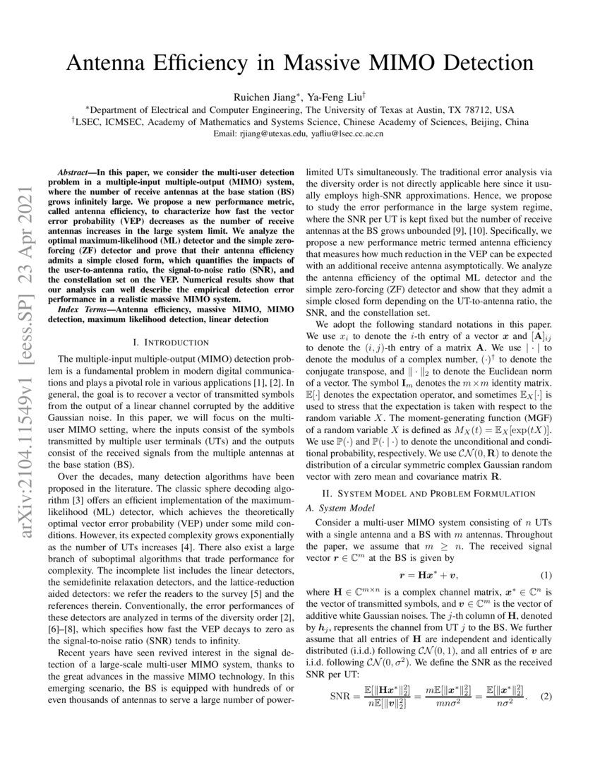 Antenna Efficiency in Massive MIMO Detection | DeepAI