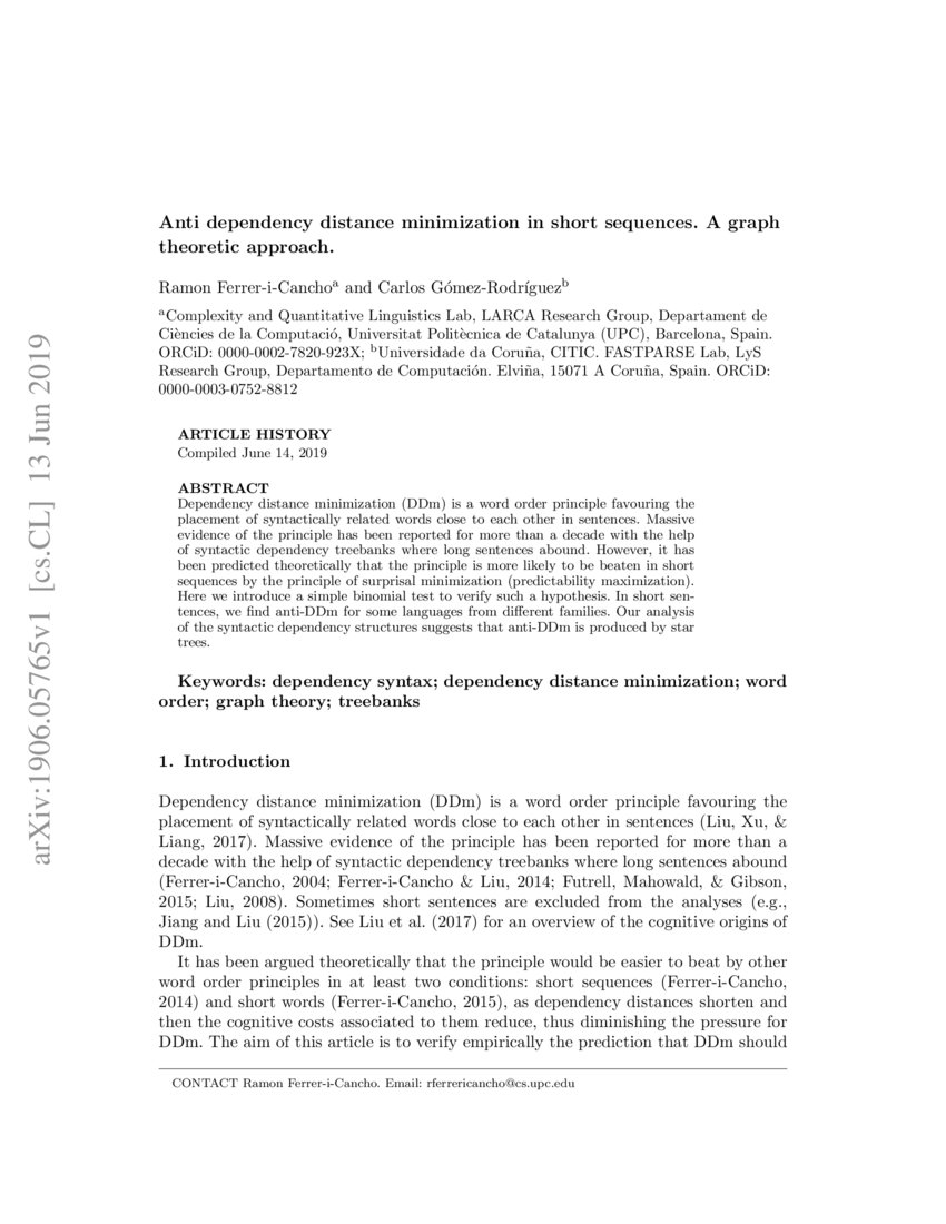 Anti dependency distance minimization in short sequences. A graph ...