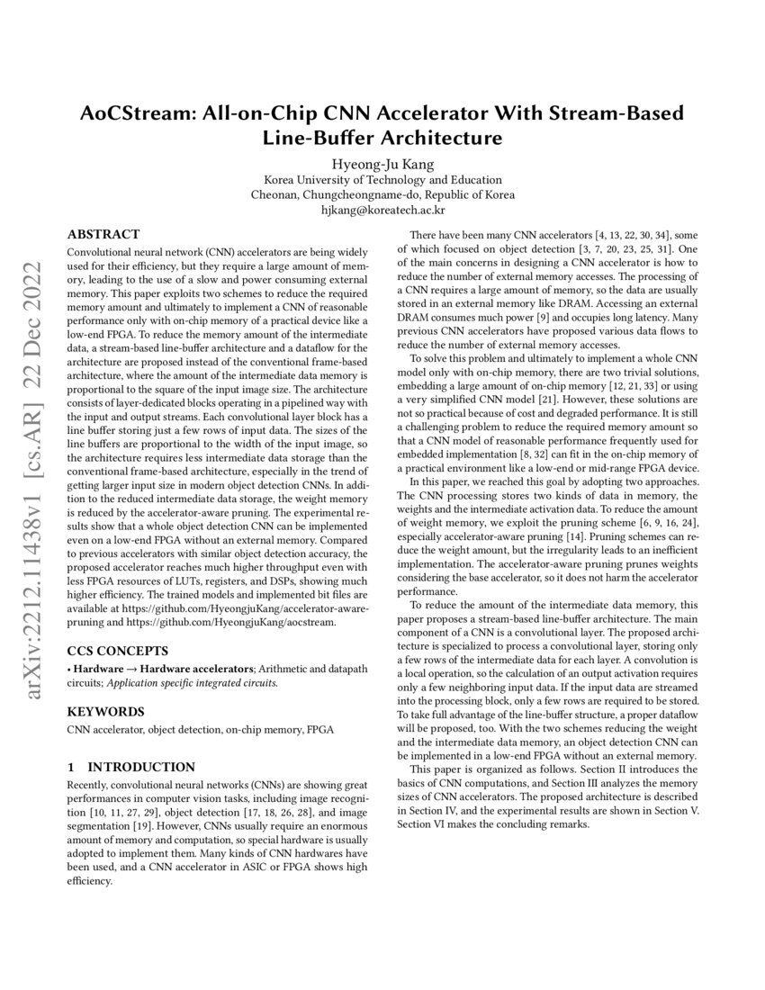 Aocstream All On Chip Cnn Accelerator With Stream Based Line Buffer Architecture Deepai
