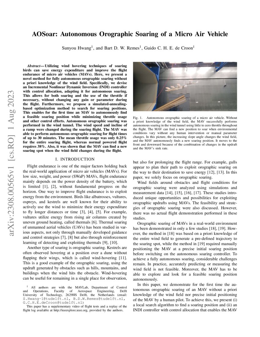 AOSoar: Autonomous Orographic Soaring of a Micro Air Vehicle | DeepAI