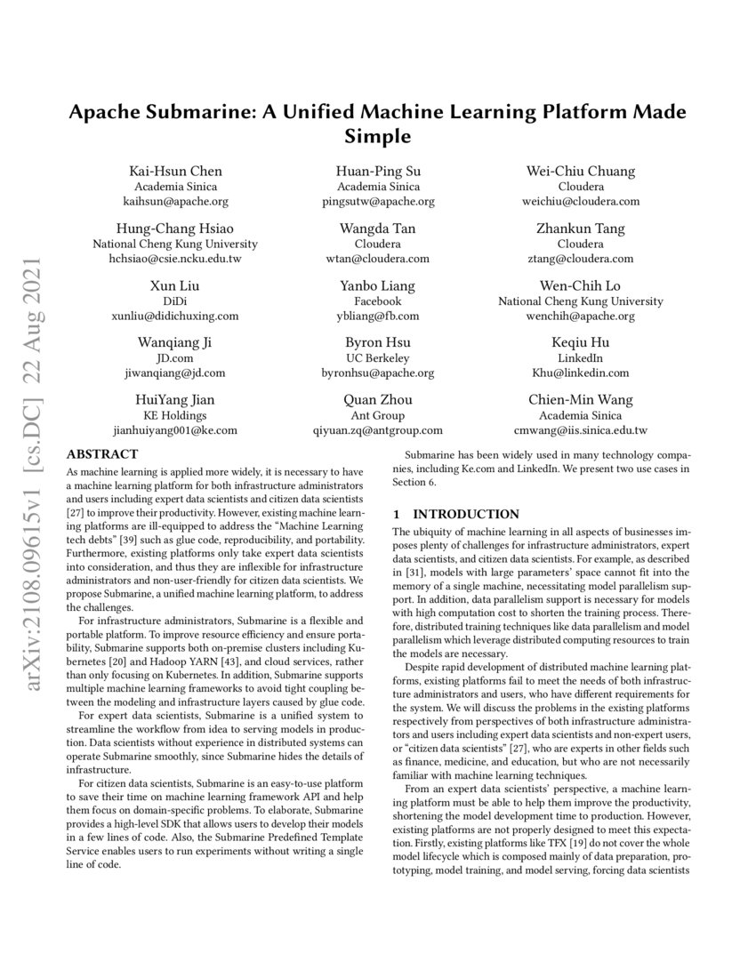 Apache Submarine: A Unified Machine Learning Platform Made Simple | DeepAI