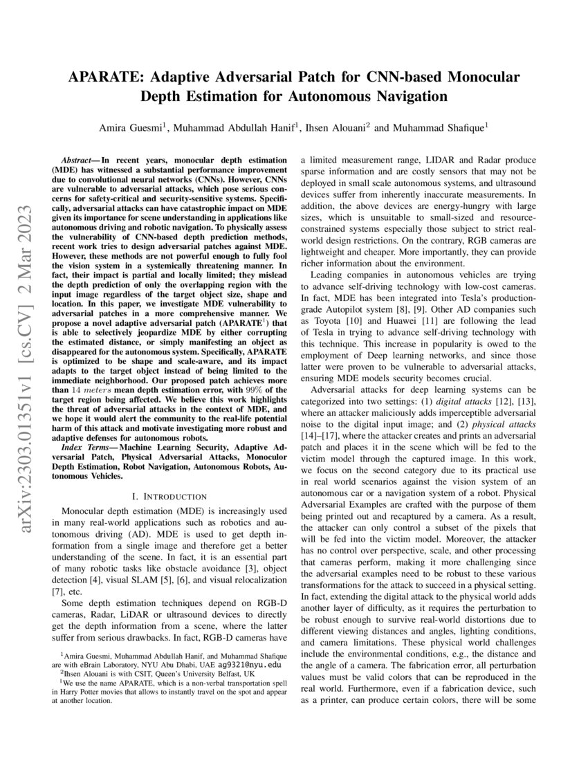 APARATE: Adaptive Adversarial Patch for CNN-based Monocular Depth Estimation for Autonomous ...
