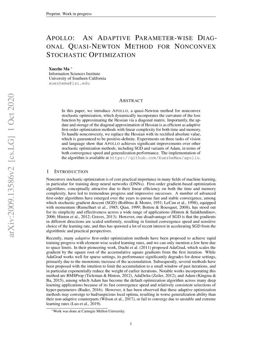 Apollo An Adaptive Parameter Wise Diagonal Quasi Newton Method For Nonconvex Stochastic