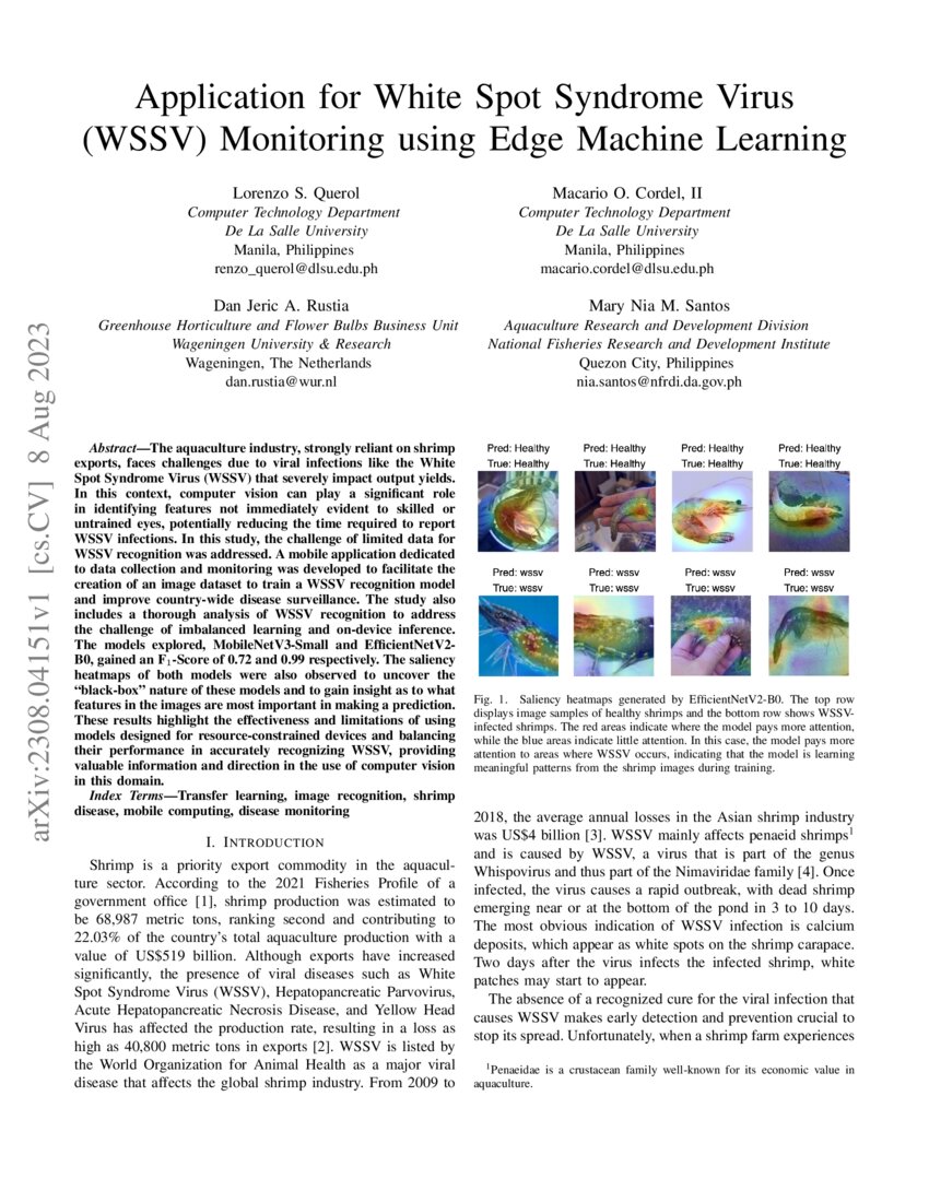 Application for White Spot Syndrome Virus (WSSV) Monitoring using Edge ...