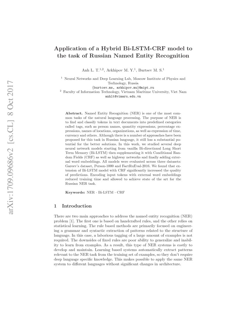 Application Of A Hybrid Bi Lstm Crf Model To The Task Of Russian Named Entity Recognition Deepai