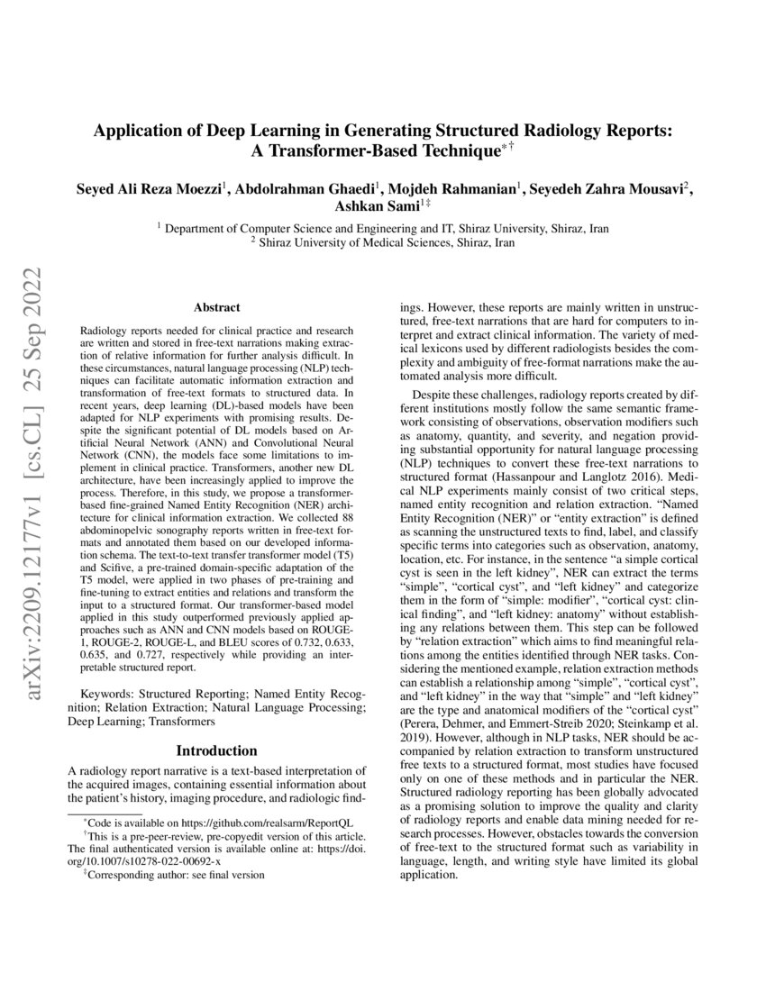 Application Of Deep Learning In Generating Structured Radiology Reports A Transformer Based