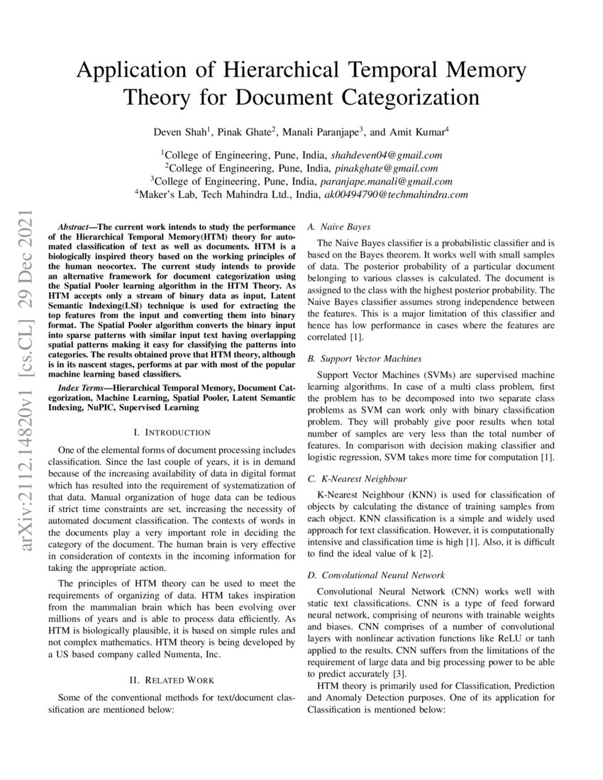 Application of Hierarchical Temporal Memory Theory for Document ... Application of Hierarchical Temporal Memory Theory for Document ...