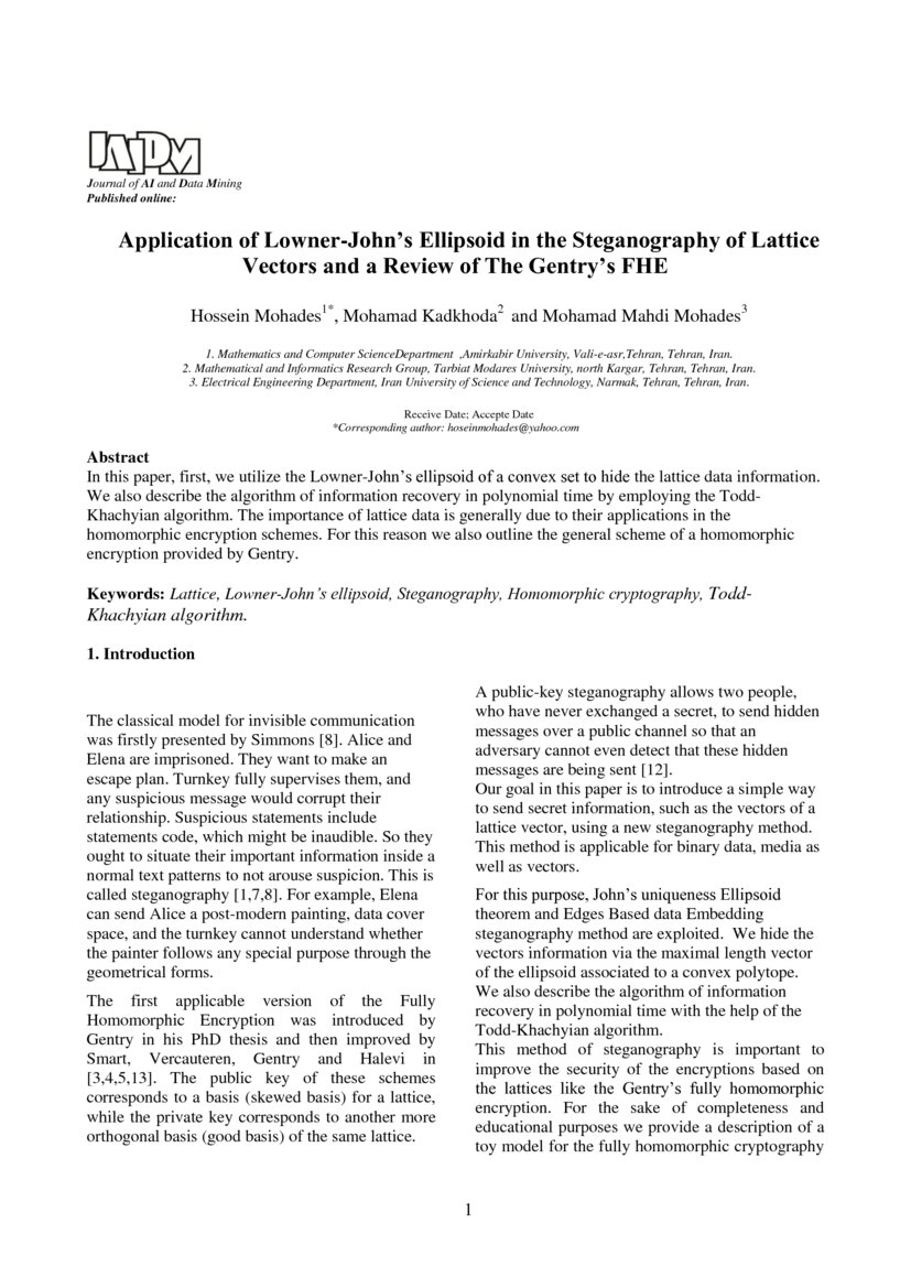 Application of Lowner-John's Ellipsoid in the Steganography of Lattice Vectors and a Review of ...